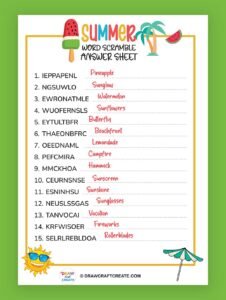 Free Printable Summer Word Scramble With Answer Key - Draw Craft Create