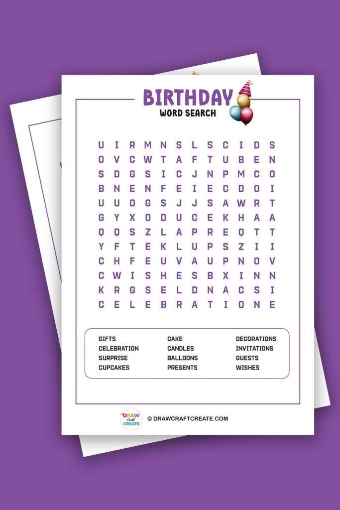Free Printable Birthday Word Search - Draw Craft Create