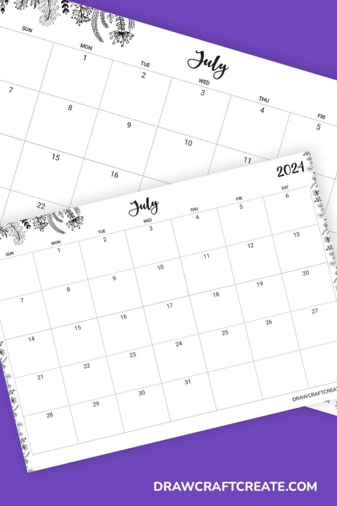 Free Printable July 2024 Calendar Template - Draw Craft Create