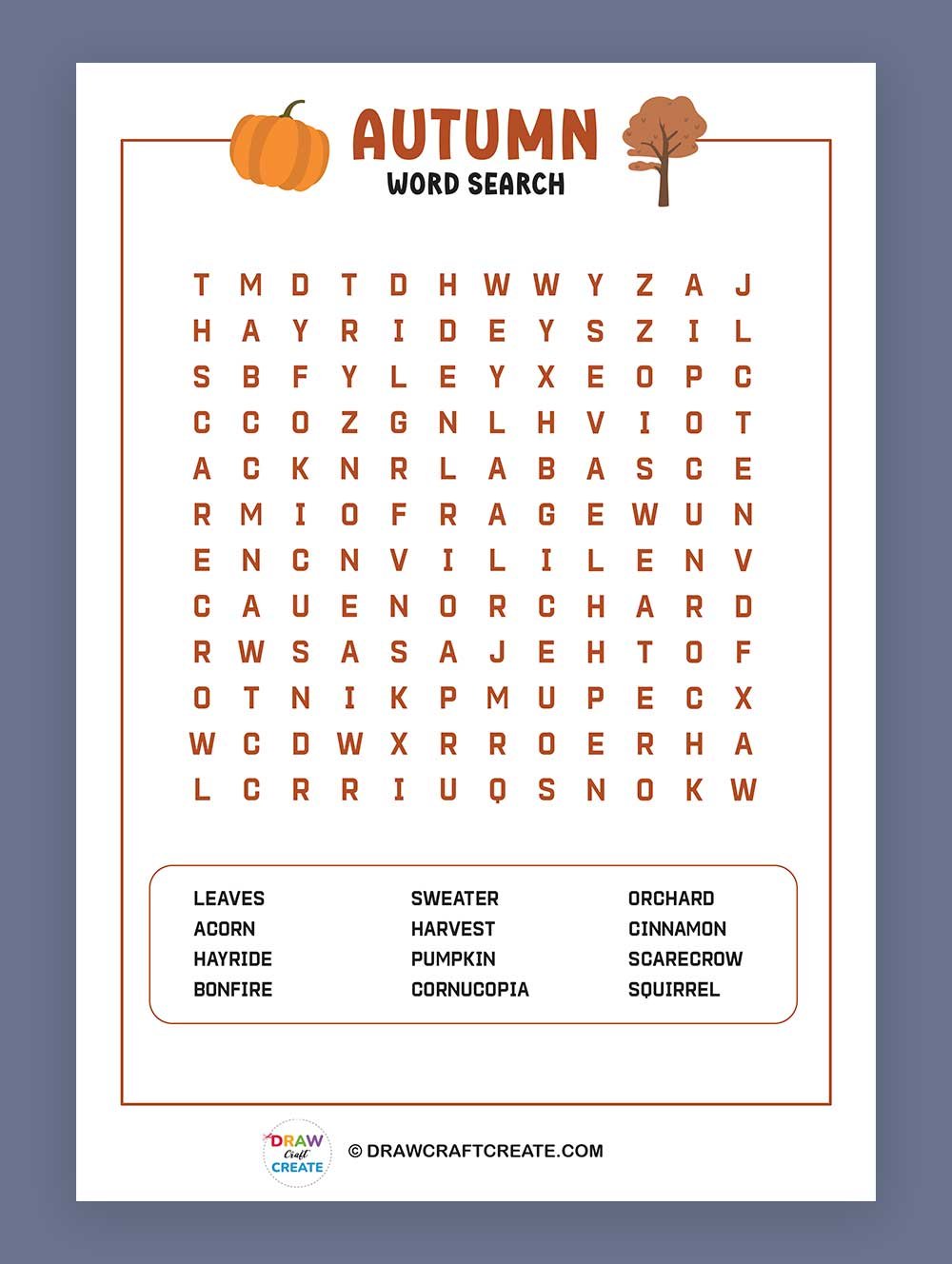 Free Printable Autumn Word Search - Draw Craft Create