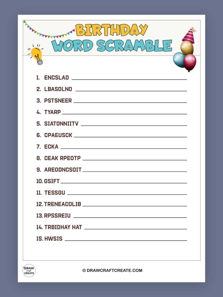 Free Printable Birthday Word Scramble - Draw Craft Create