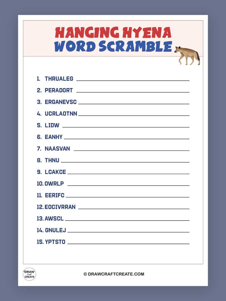 Free Printable Hanging Hyena Word Scramble - Draw Craft Create