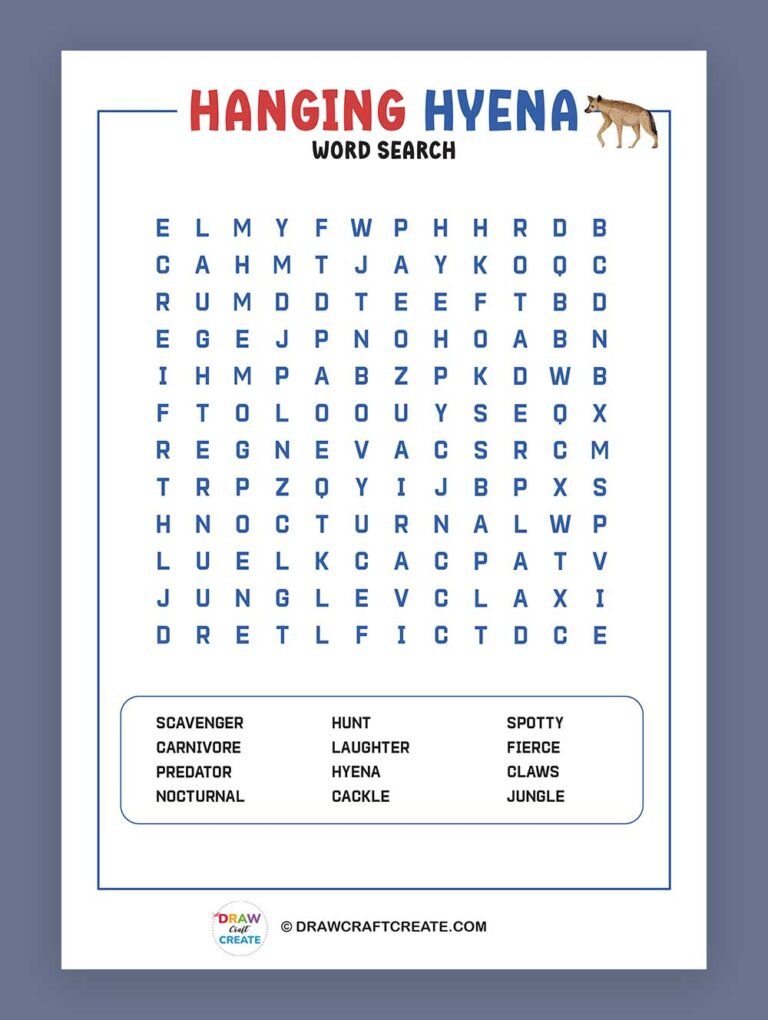 Free Printable Hanging Hyena Word Search - Draw Craft Create