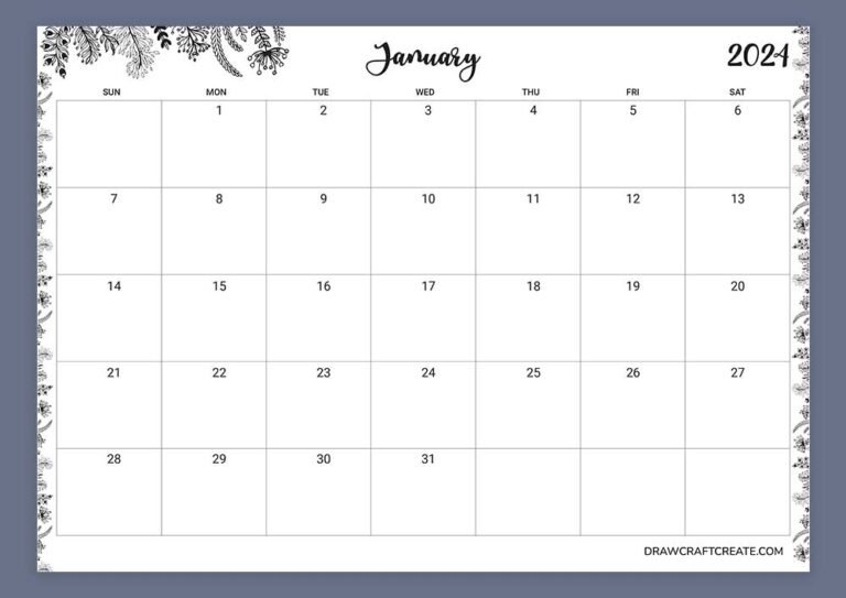 Free Printable January 2024 Calendar Template - Draw Craft Create
