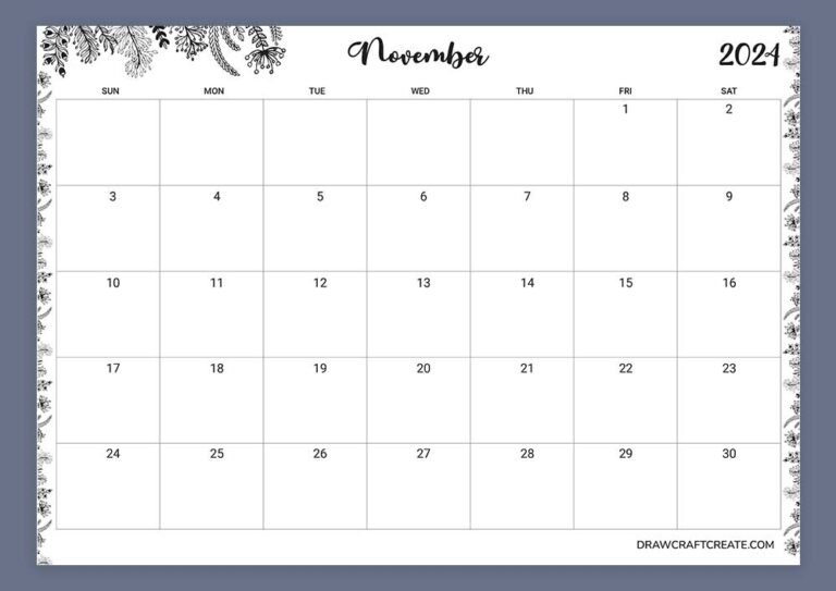 Free Printable November 2024 Calendar Template - Draw Craft Create