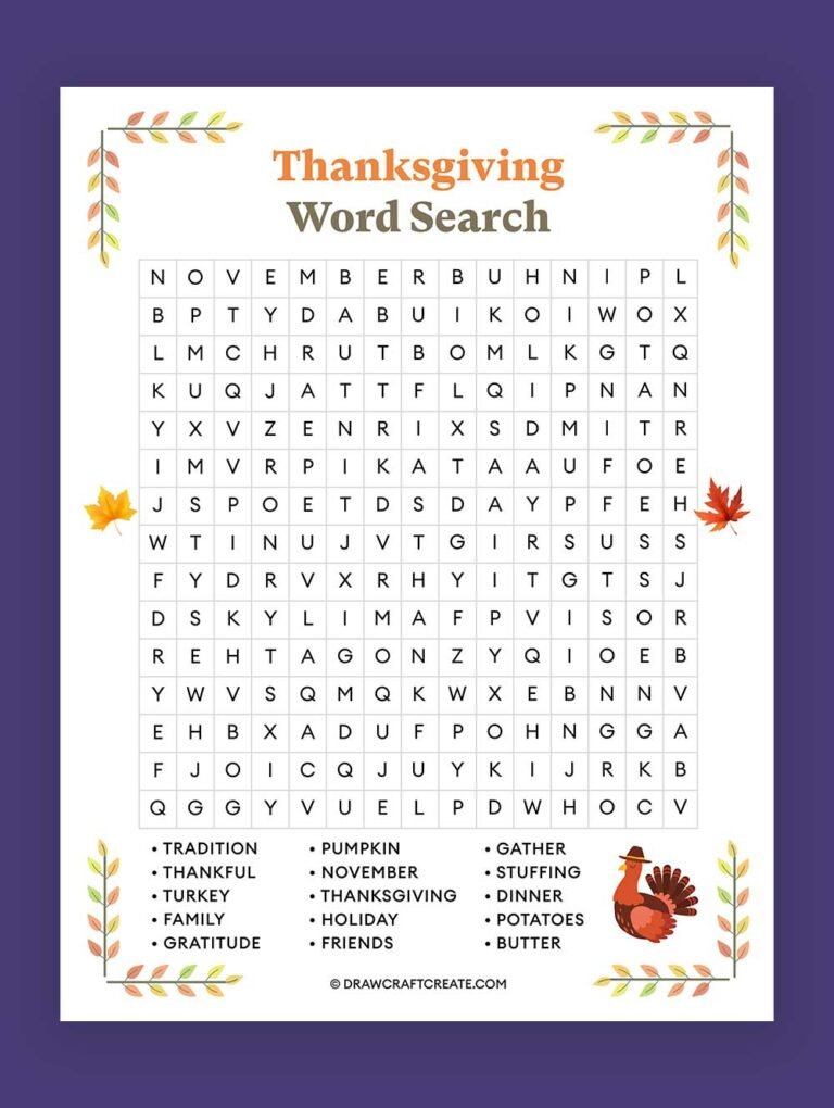 Free Printable Thanksgiving Word Search - Draw Craft Create