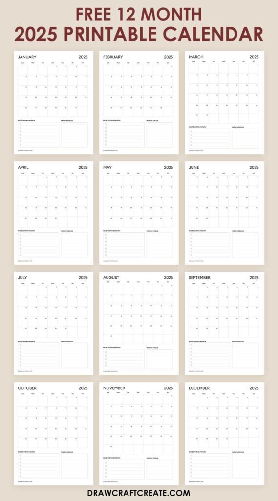2025 Calendar Printable Free Template (Vertical) - Draw Craft Create