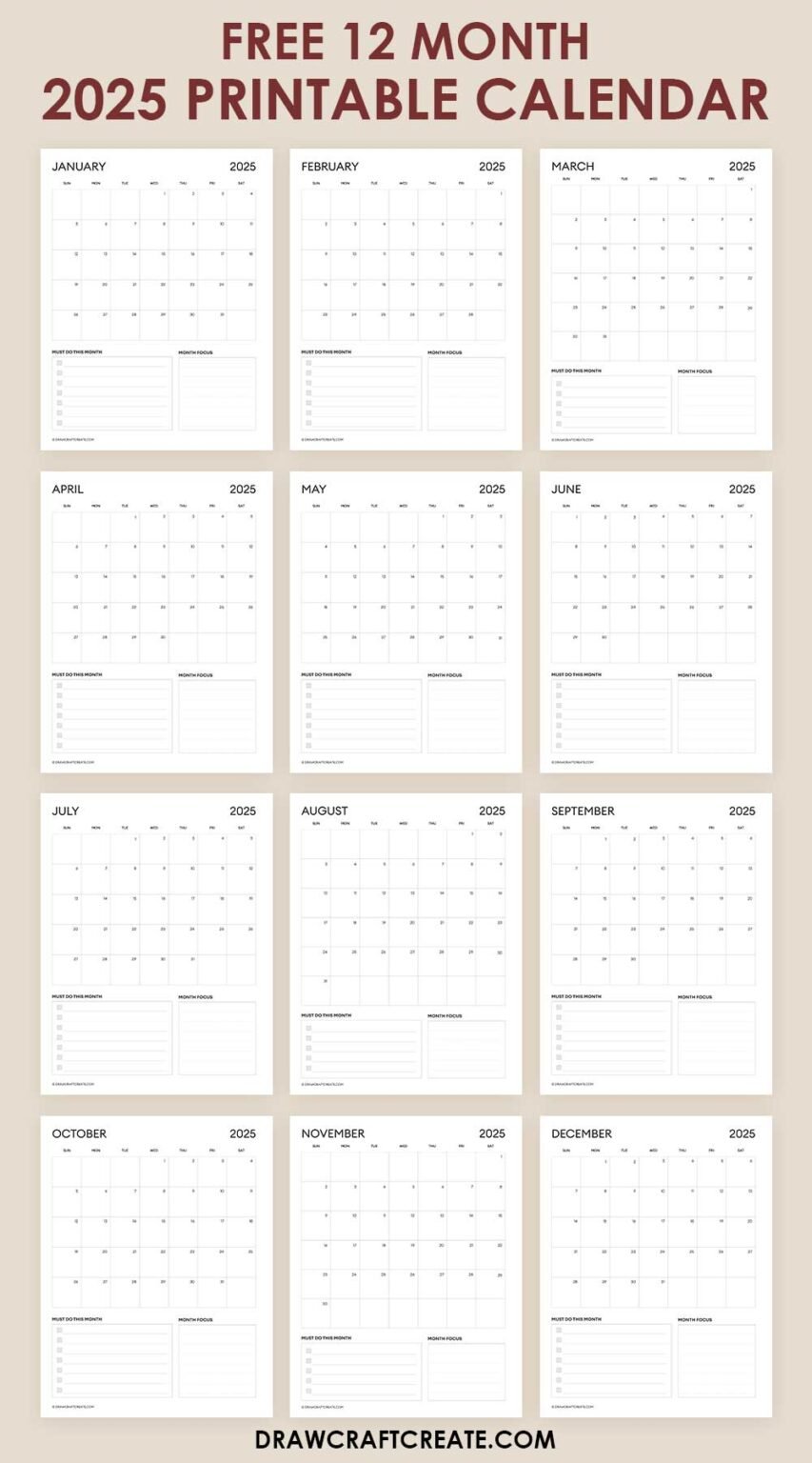 2025 Calendar Printable Free Template (Vertical) - Draw Craft Create