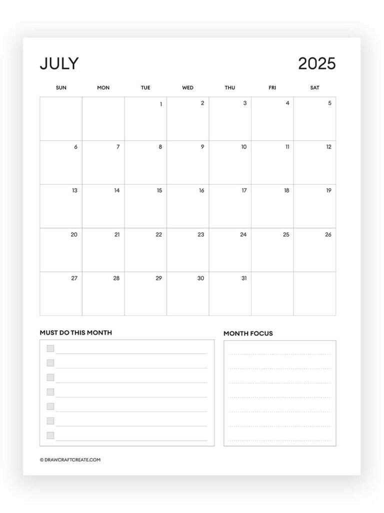 2025 Calendar Printable Free Template (Vertical) - Draw Craft Create