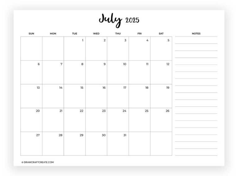 Free Printable 2025 Calendar Templates (All 12 Months) - Draw Craft Create