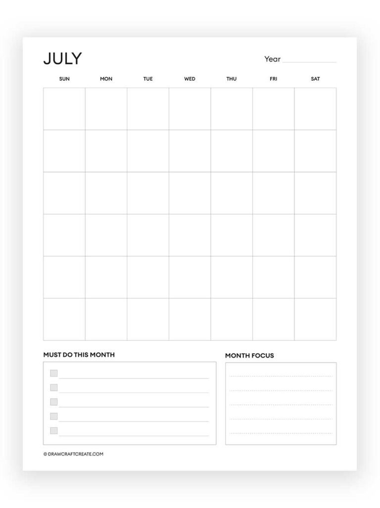 Free Printable Blank Calendars (Vertical, Landscape) - Draw Craft Create