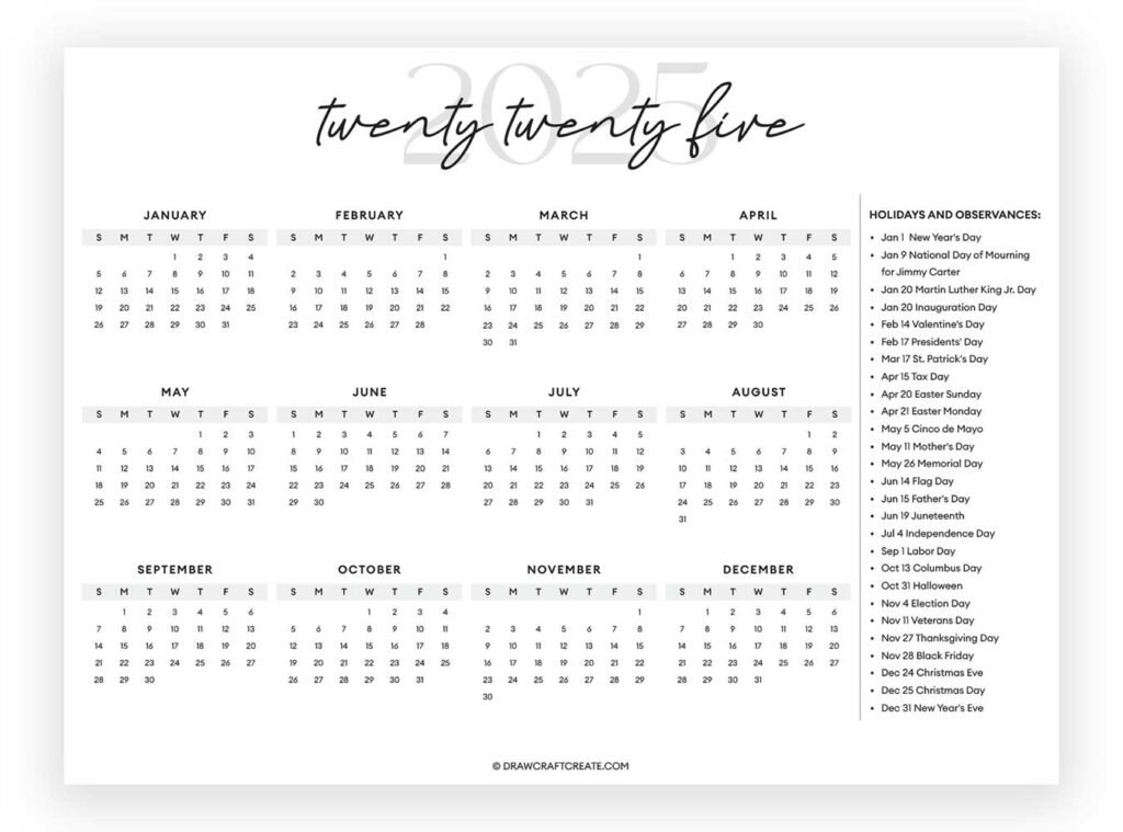 2025 Calendar With Holidays Free Printable - Draw Craft Create