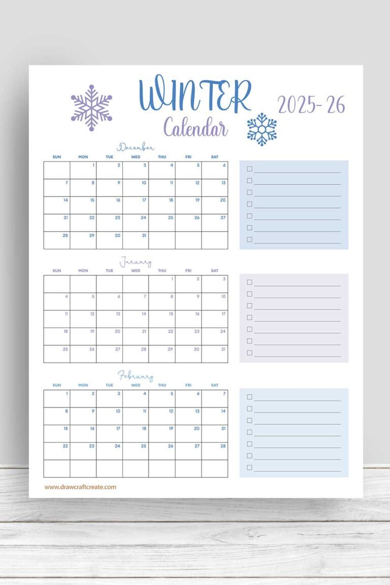 Free Printable 2025-2026 Winter Calendar - Draw Craft Create