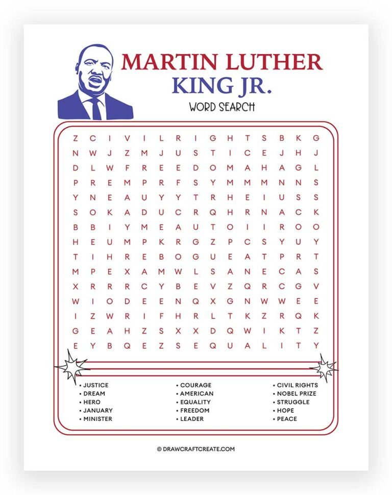 Martin Luther King Jr. Word Search Printable Free - Draw Craft Create