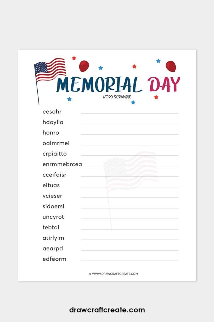 Memorial Day Word Scramble Printable - Draw Craft Create