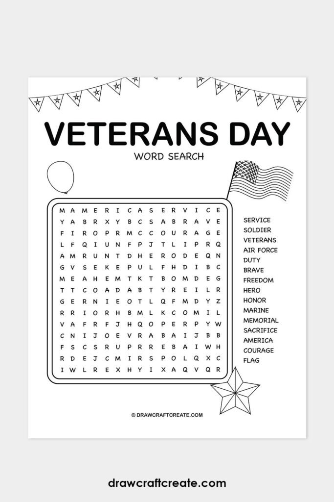 Veterans Day Word Search Printable - Draw Craft Create