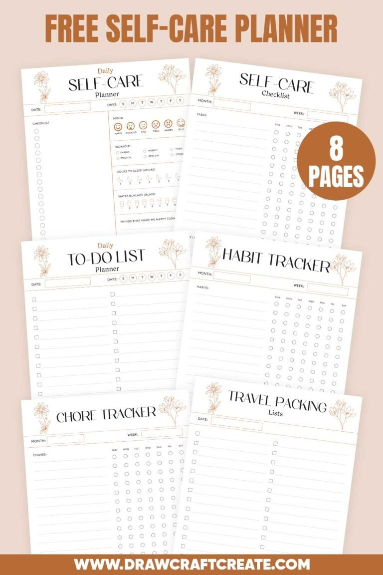 Self Care Planner Checklist Printable (8 Pages) - Draw Craft Create
