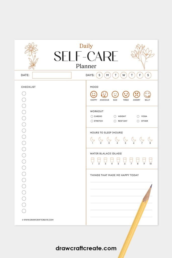 Self Care Planner Checklist Printable (8 Pages) - Draw Craft Create