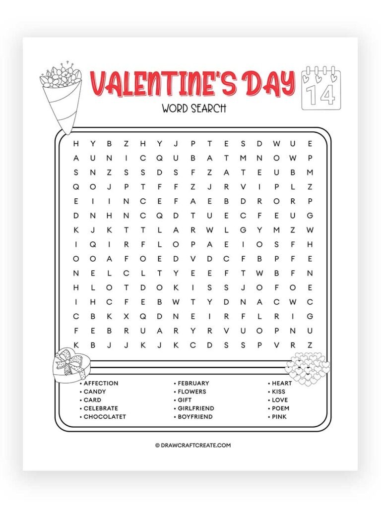 Free Printable Valentine's Day Word Search - Draw Craft Create
