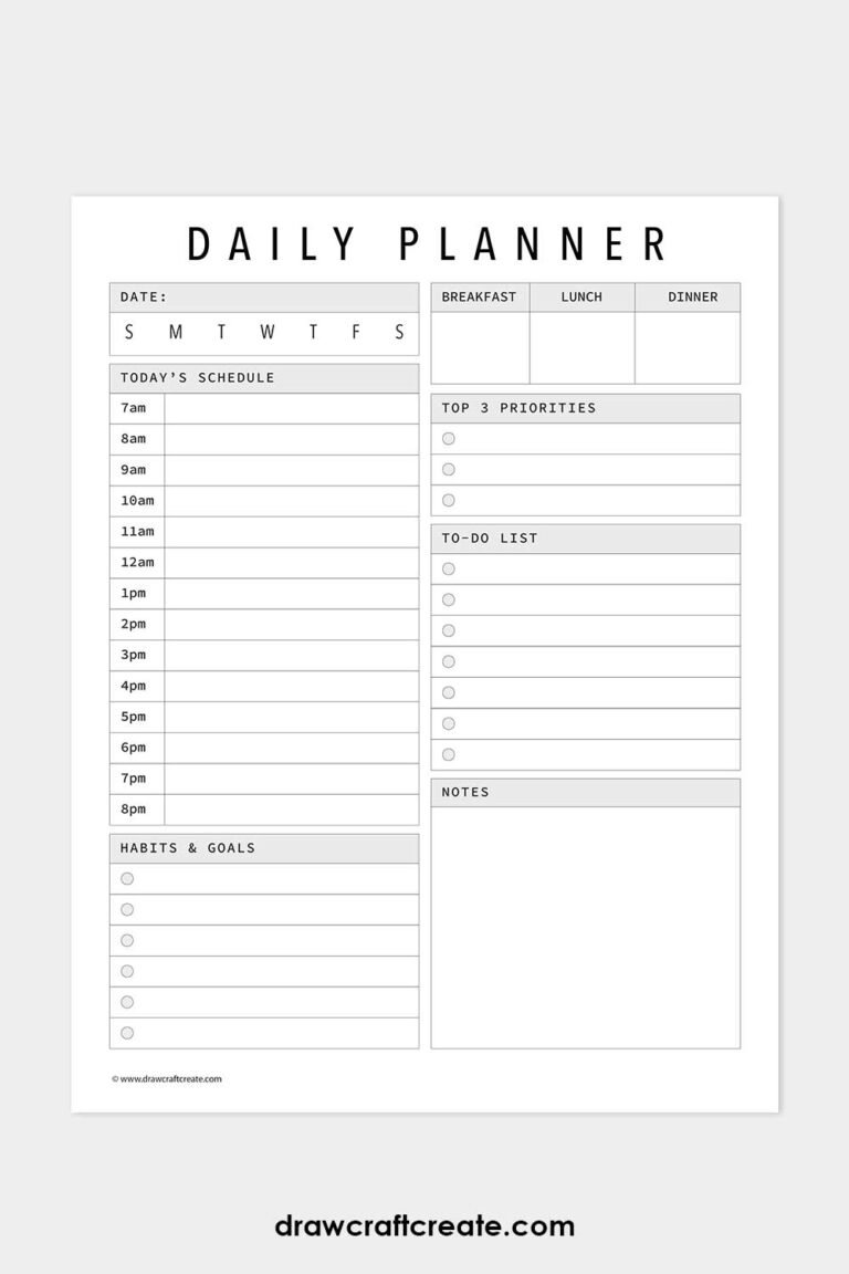 Free Daily Planner Printable Templates (20 Designs) - Draw Craft Create