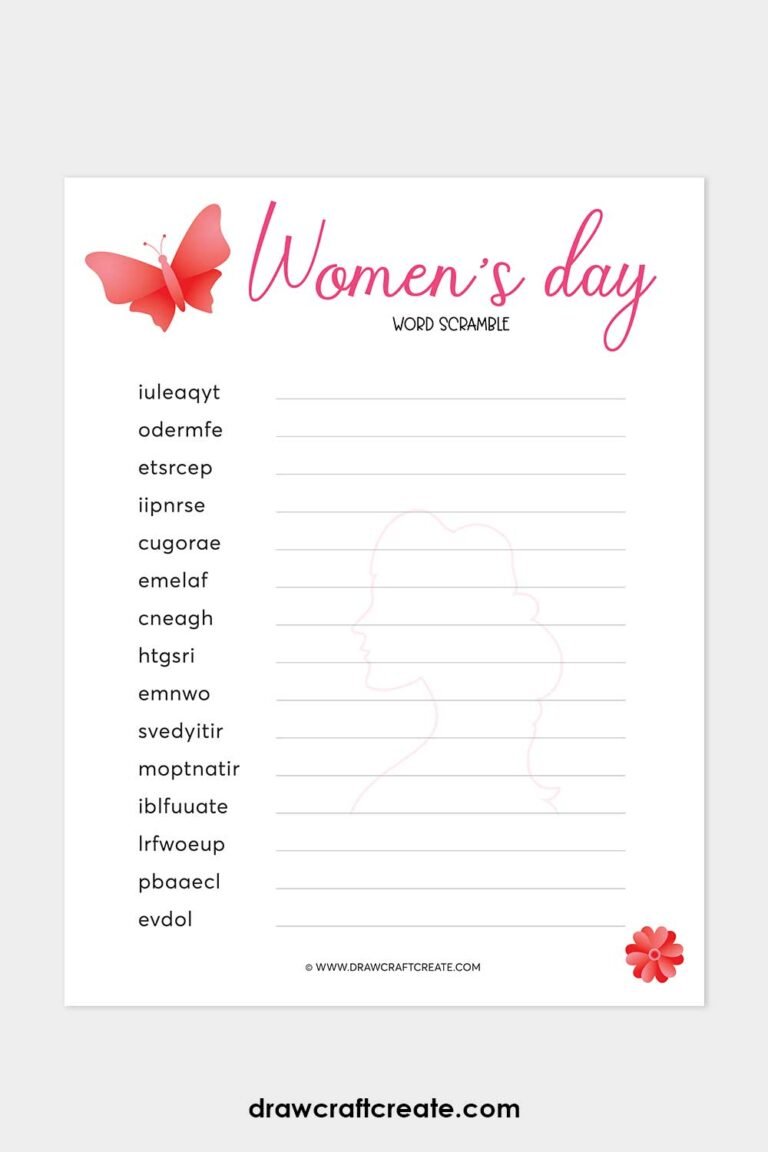 Printable International Women's Day Word Scramble - Draw Craft Create