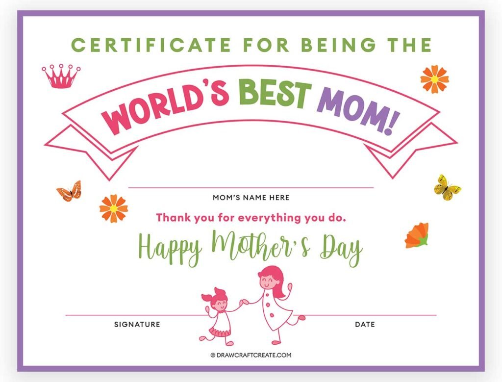 Free Printable Best Mom Award Certificate Template - Draw Craft Create