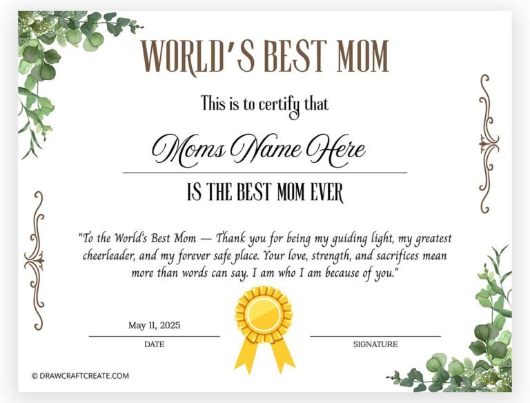 Free Printable Best Mom Award Certificate Template - Draw Craft Create
