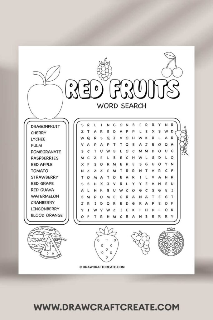 Free Printable Red Fruits Word Search - Draw Craft Create