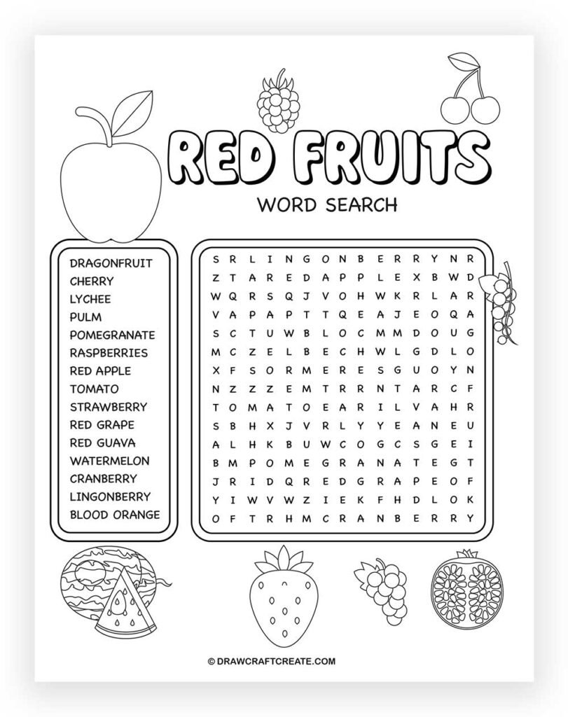 Free Printable Red Fruits Word Search - Draw Craft Create