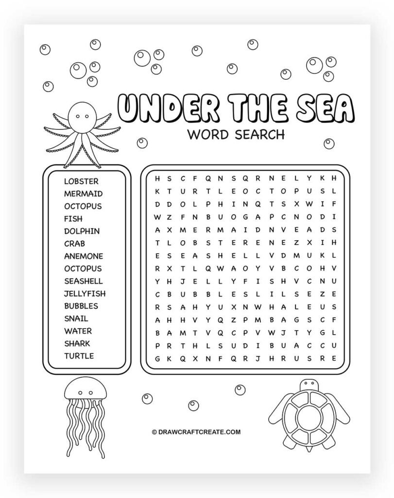 Free Printable Under The Sea Word Search - Draw Craft Create