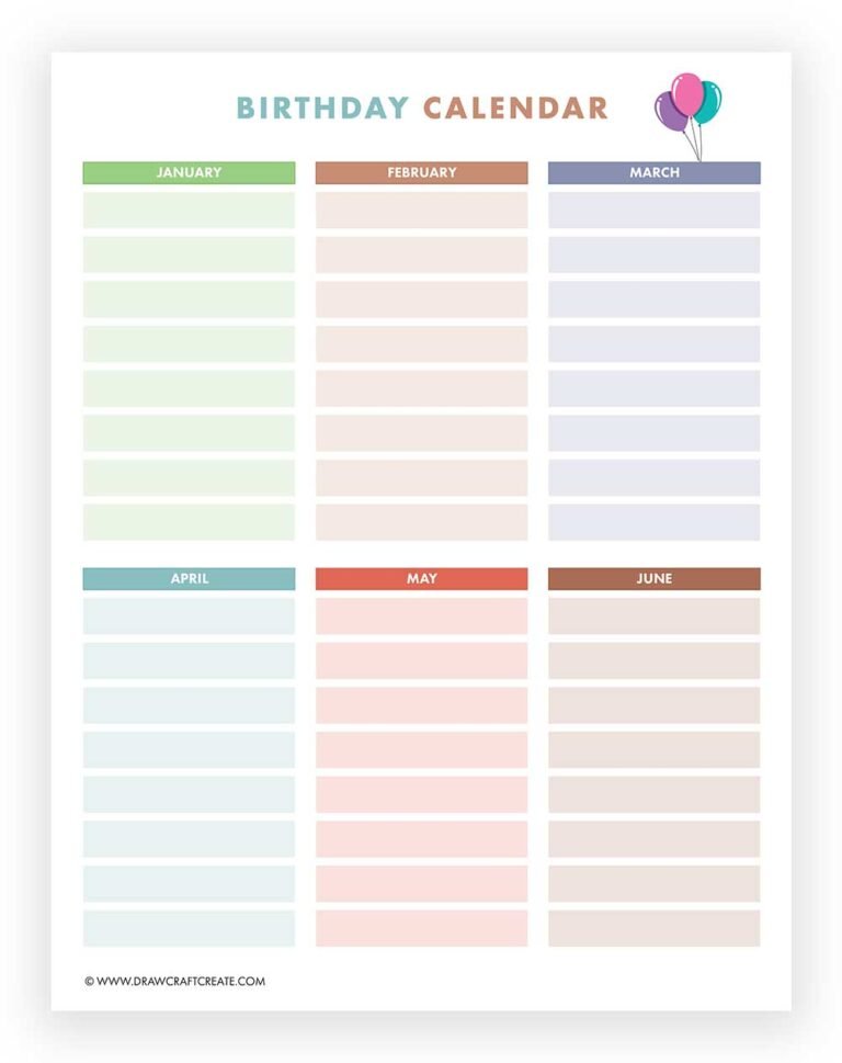 Free Printable Birthday Calendar Templates - Draw Craft Create
