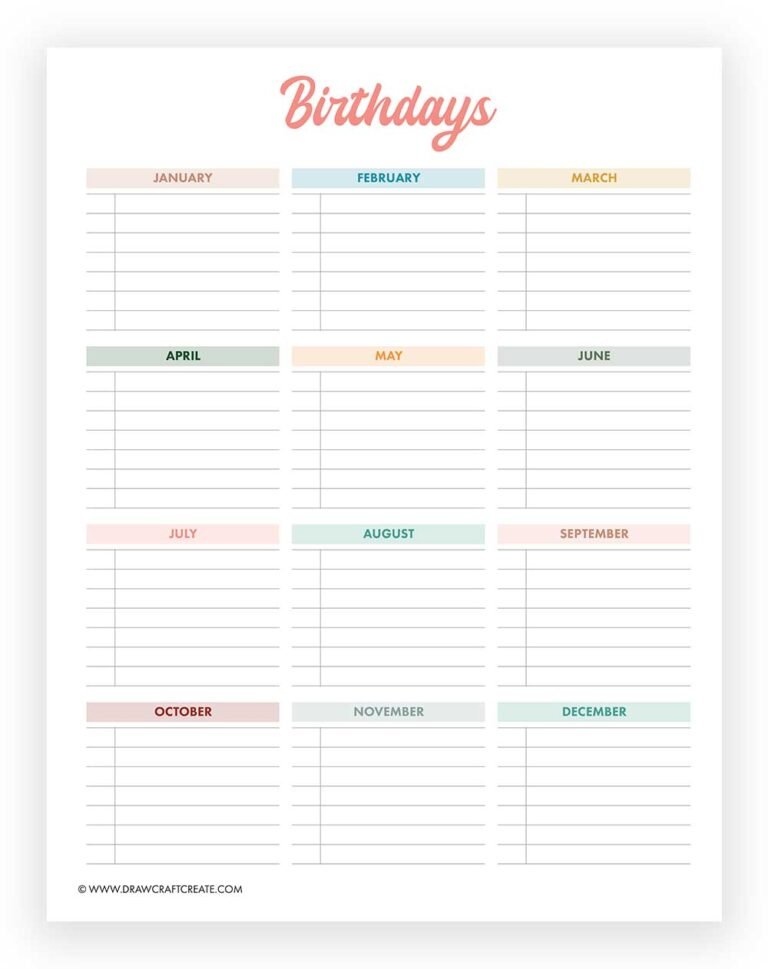 Free Printable Birthday Calendar Templates - Draw Craft Create