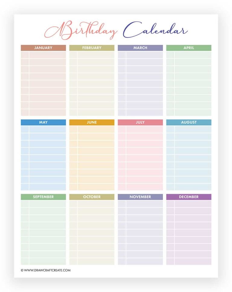 Free Printable Birthday Calendar Templates - Draw Craft Create