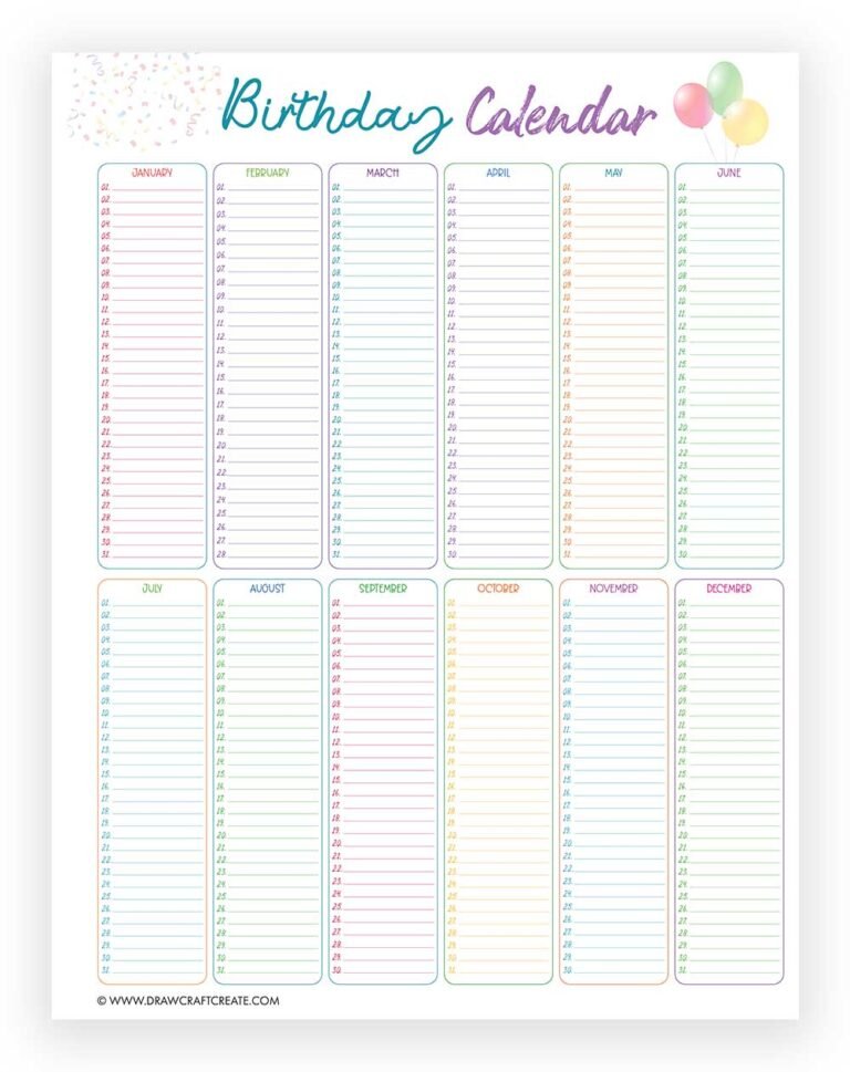 Free Printable Birthday Calendar Templates - Draw Craft Create