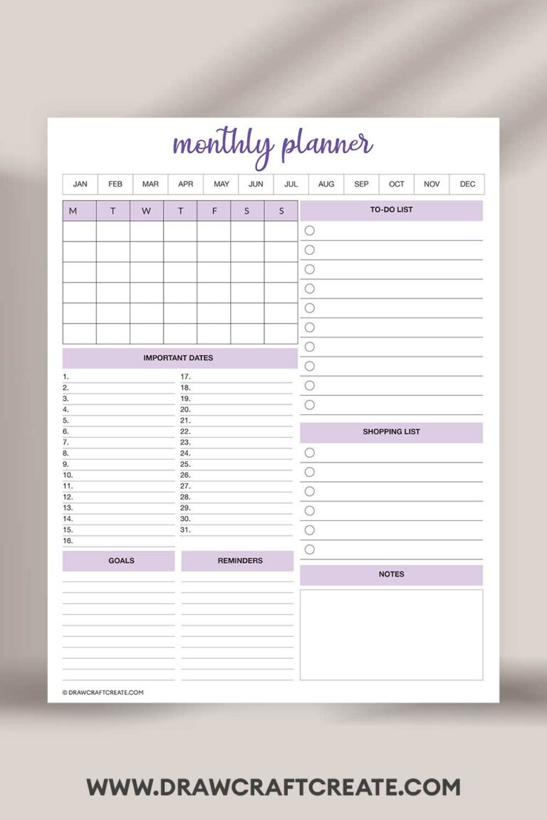Free Printable Monthly Planner Template - Draw Craft Create