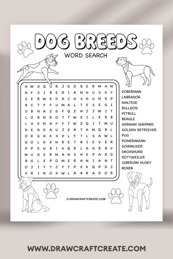 Free Printable Dog Breeds Word Search - Draw Craft Create