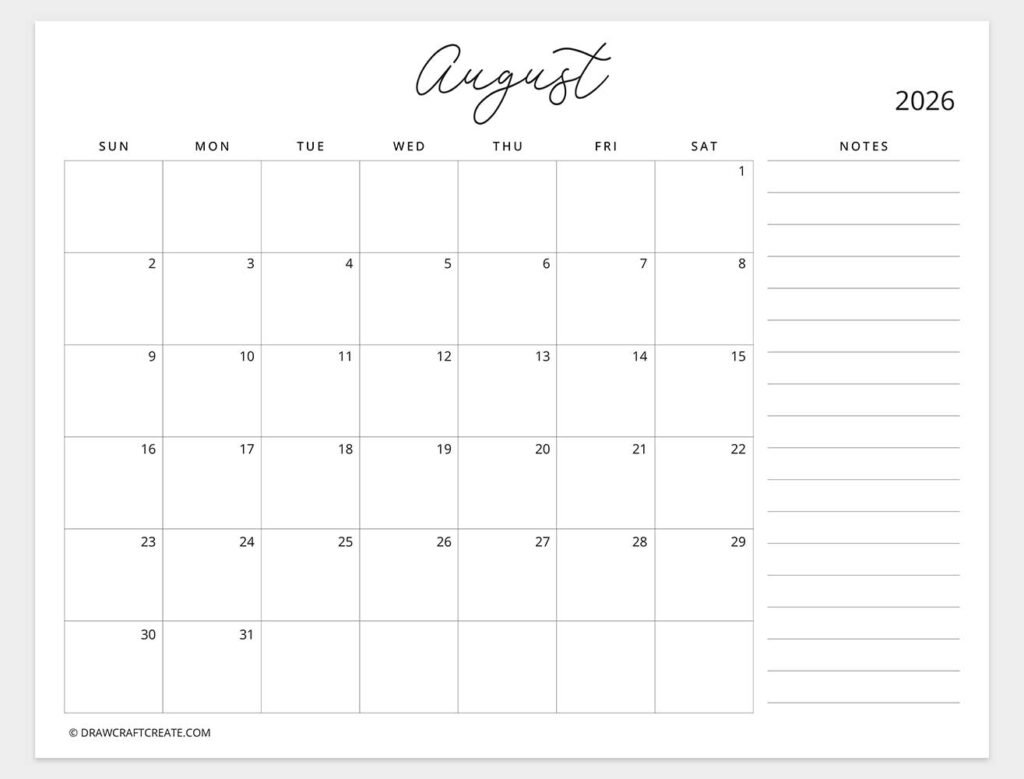 Free Printable 2026 Calendar Templates (All 12 Months) - Draw Craft Create