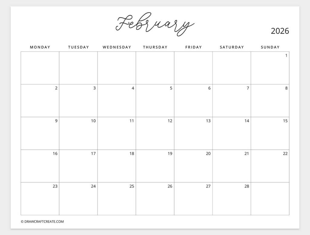 Free Printable 2026 Calendar Templates (All 12 Months) - Draw Craft Create