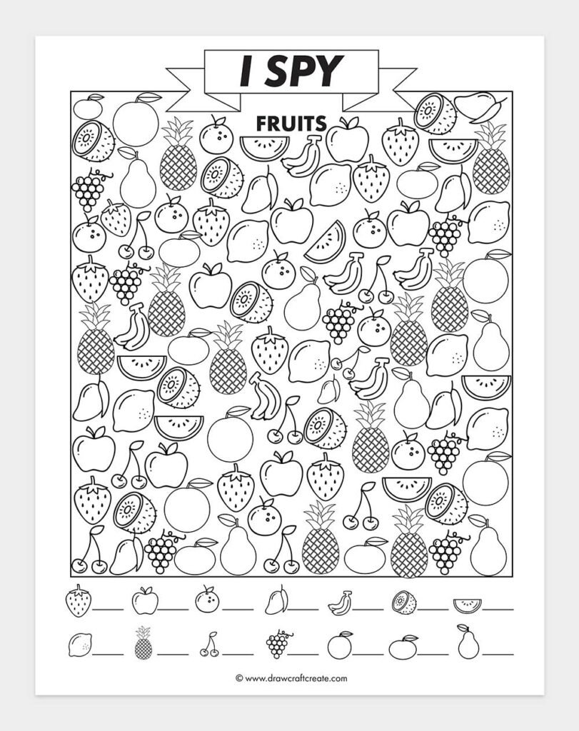 Free Printable I Spy Fruits Worksheet - Draw Craft Create