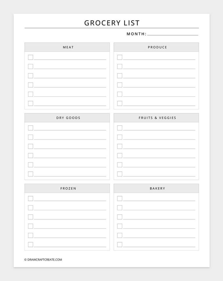 Free Printable Grocery List Template (22 Designs) - Draw Craft Create