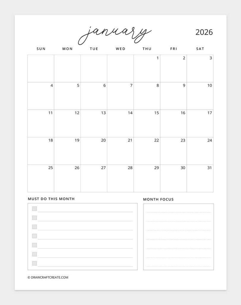 2026 Calendar Printable PDF Free Template (Vertical) - Draw Craft Create