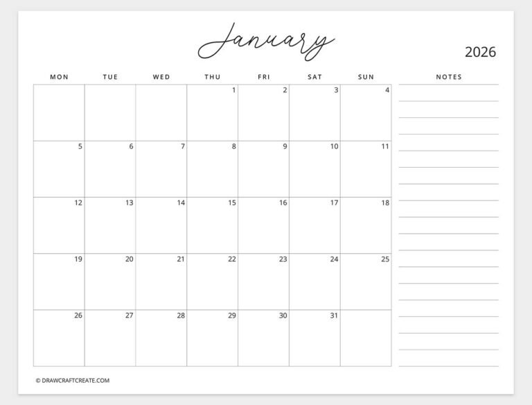 Free Printable 2026 Calendar Templates (All 12 Months) - Draw Craft Create