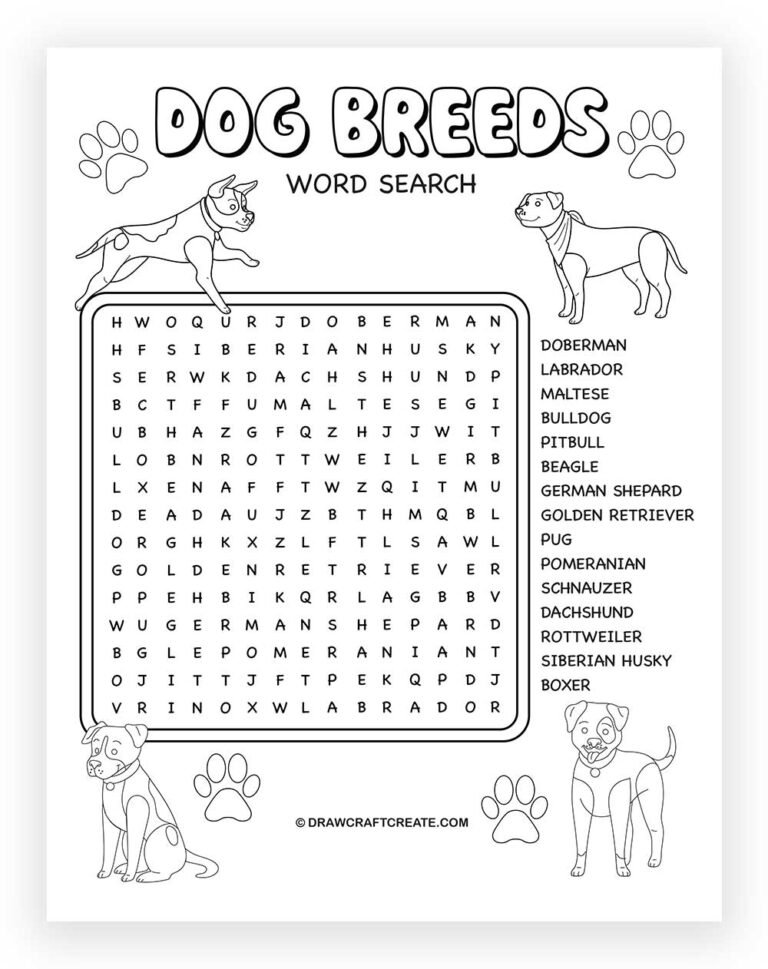 Free Printable Dog Breeds Word Search - Draw Craft Create