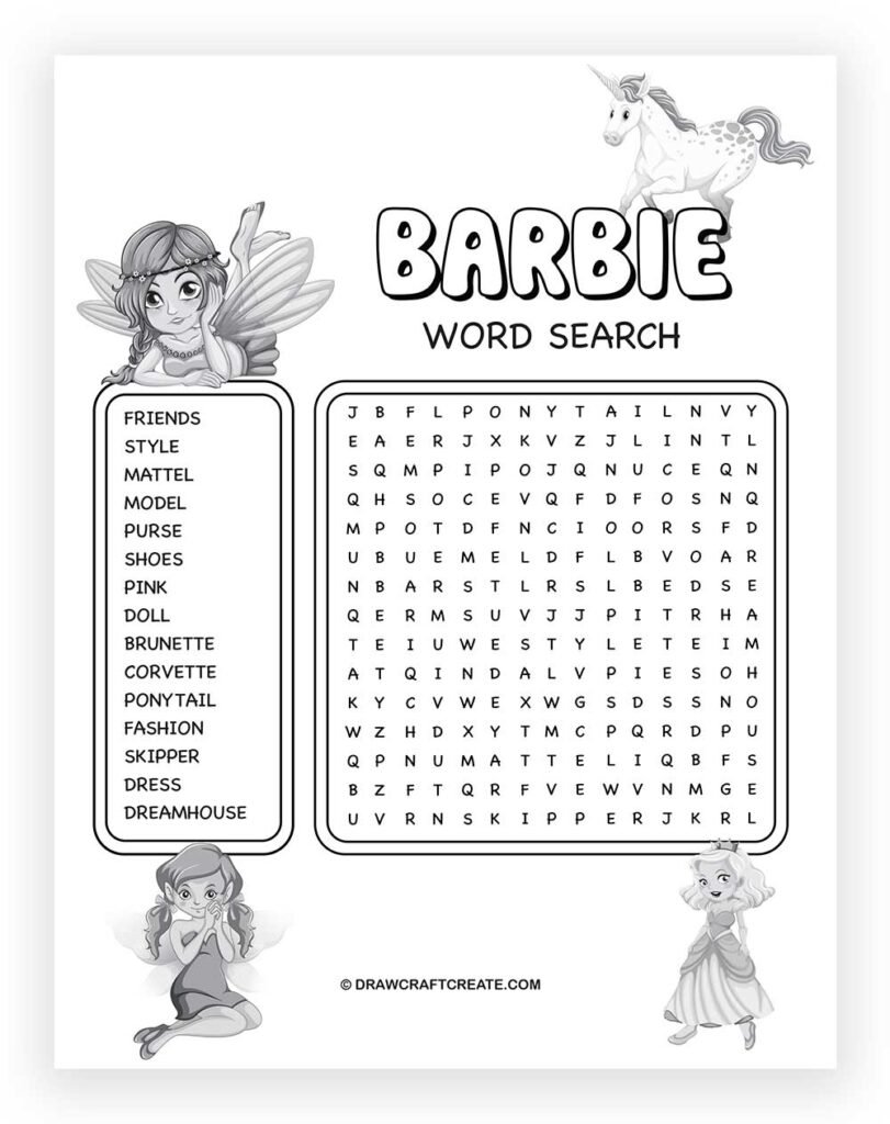 Free Printable Barbie Word Search - Draw Craft Create