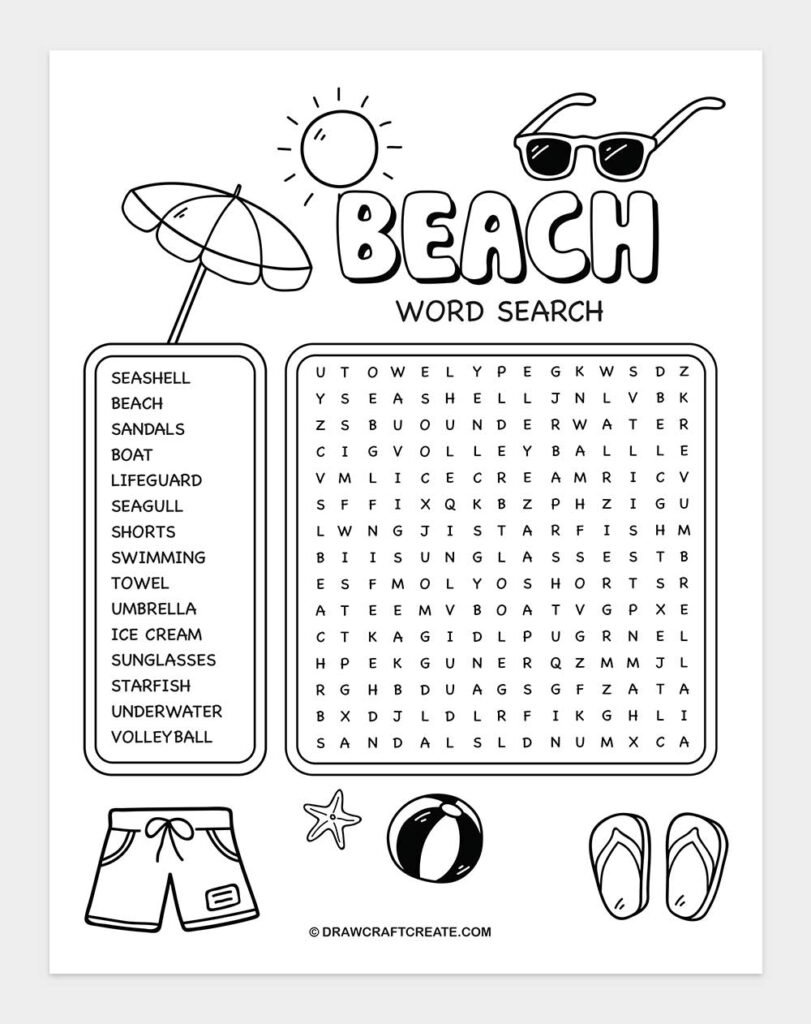 Free Printable Beach Word Search - Draw Craft Create