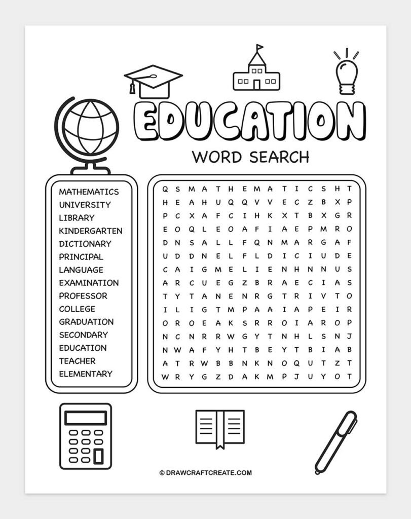 Free Printable Education Word Search - Draw Craft Create