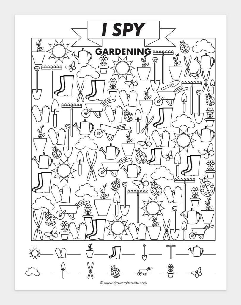 Free Printable I Spy Gardening Worksheet - Draw Craft Create