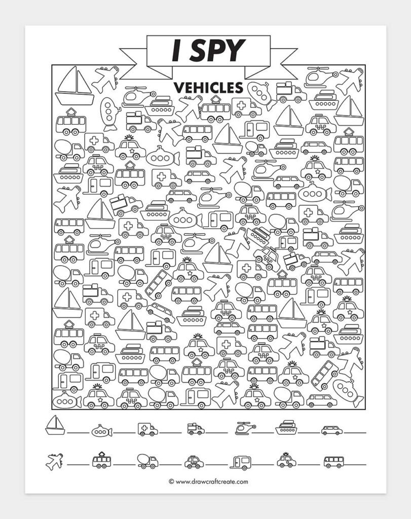 Free Printable I Spy Vehicles Worksheet - Draw Craft Create