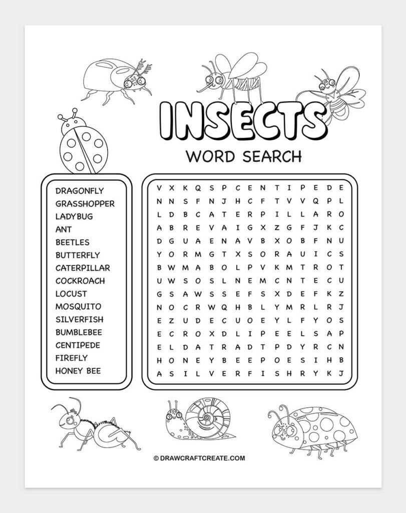 Free Printable Insects Word Search - Draw Craft Create