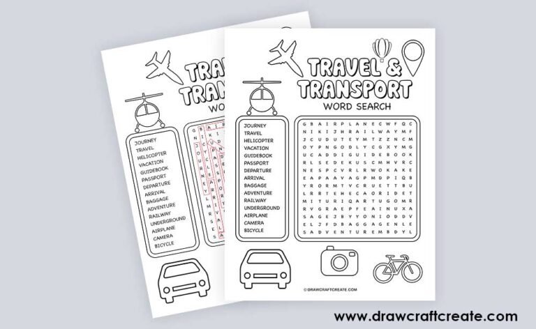 Free Printable Travel and Transport Word Search - Draw Craft Create